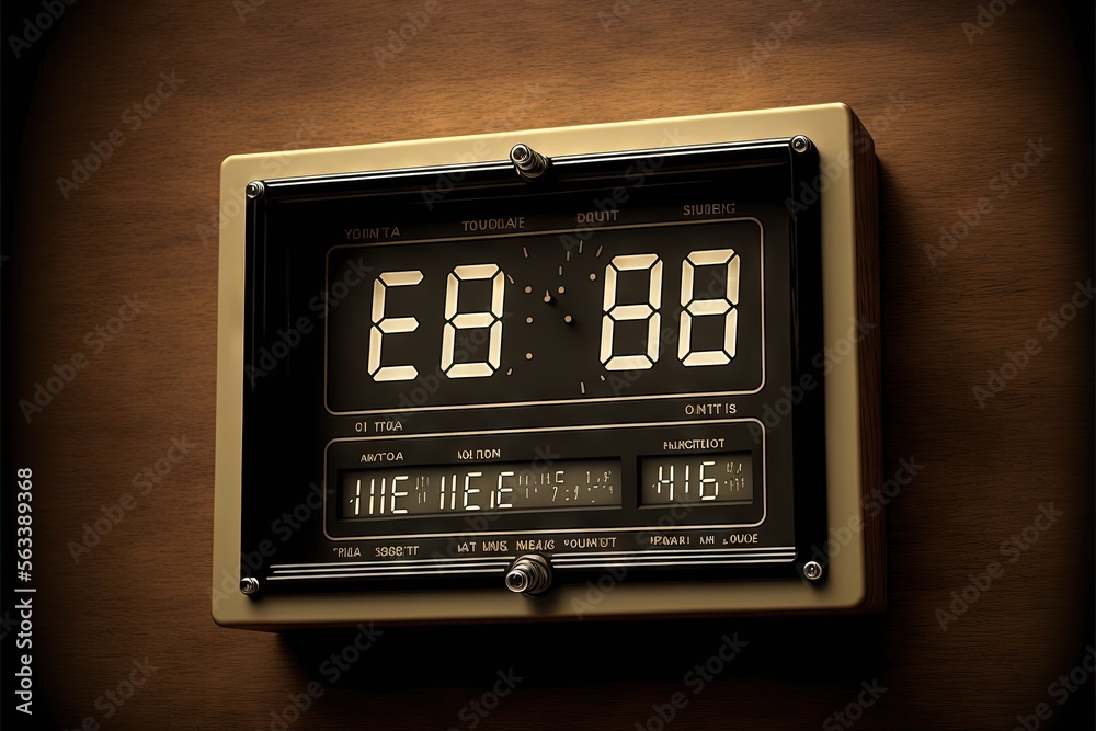 a clock with the time of 3 53 on it's display on a wall in a room with ...