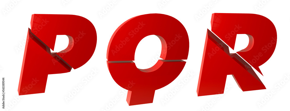 Red cut letters P, Q, R. Sliced alphabet. 3D render text template ...