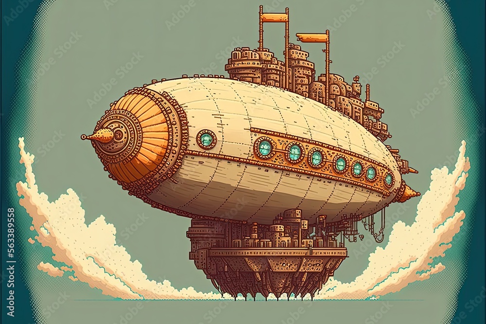 Pixel art old airship, steampunk style airship, background in retro ...