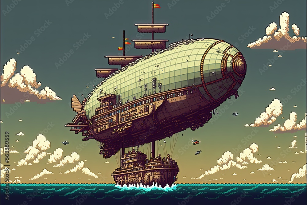 Pixel art old airship, steampunk style airship, background in retro style for 8 bit game ...