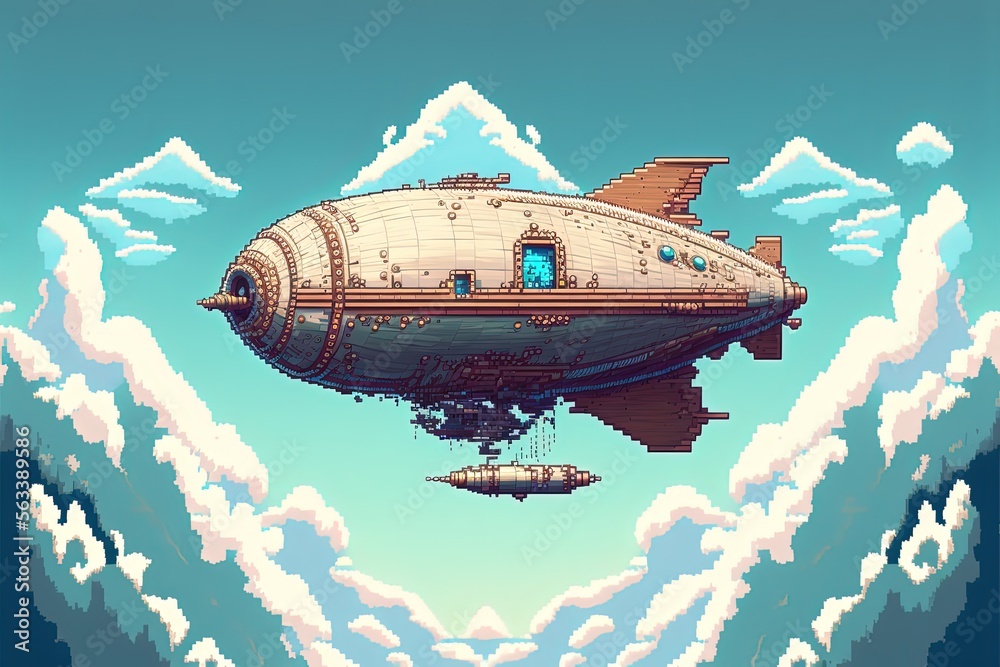 Pixel art old airship, steampunk style airship, background in retro ...
