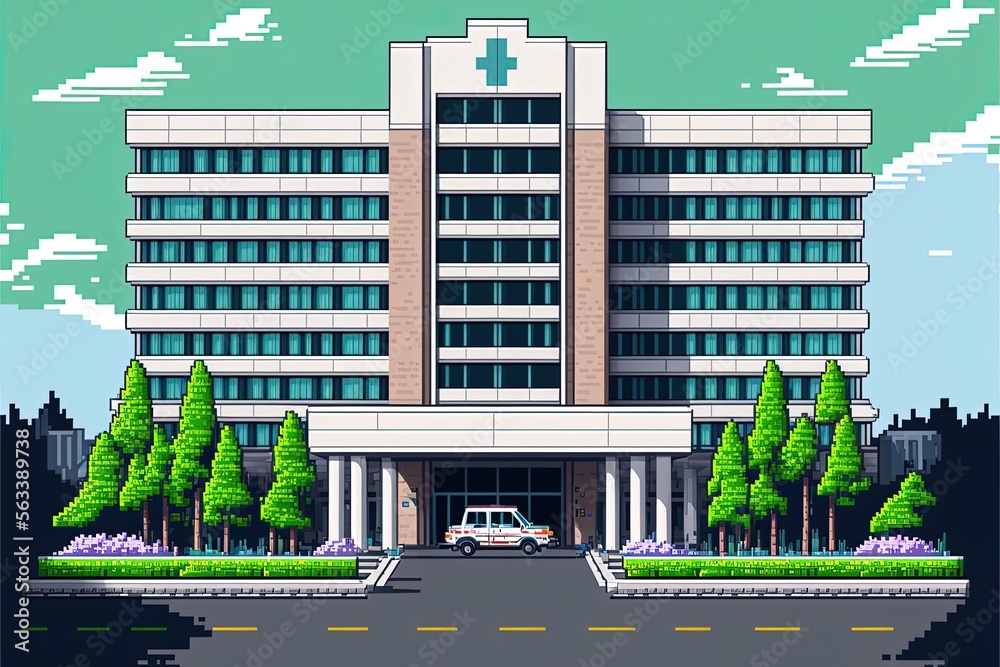 Pixel art hospital, hospital front facade, background in retro style ...