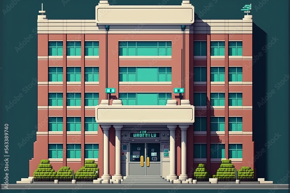 Pixel art hospital, hospital front facade, background in retro style ...