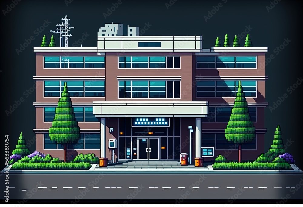 Pixel art hospital, hospital front facade, background in retro style ...