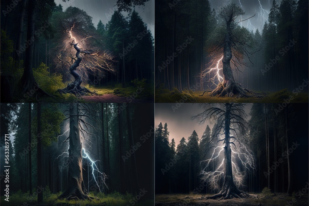 a series of photos of a tree with lightning striking through it and a ...