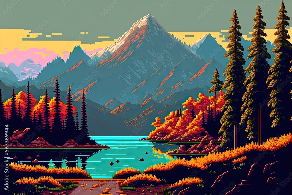 Pixel art natural landscape with 80s colors with trees, lake and ...