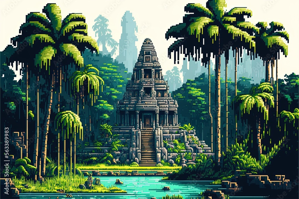 Pixel art Mayan temple, ancient Mayan pyramid in the forest, background ...