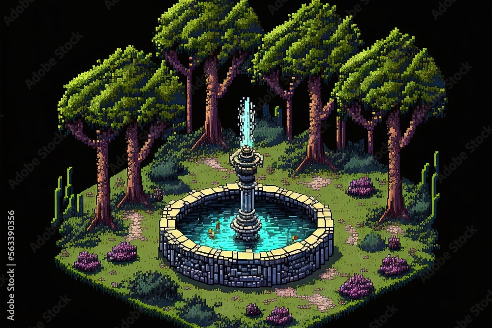 Pixel art water well in fantasy forest, wishing well, background in ...
