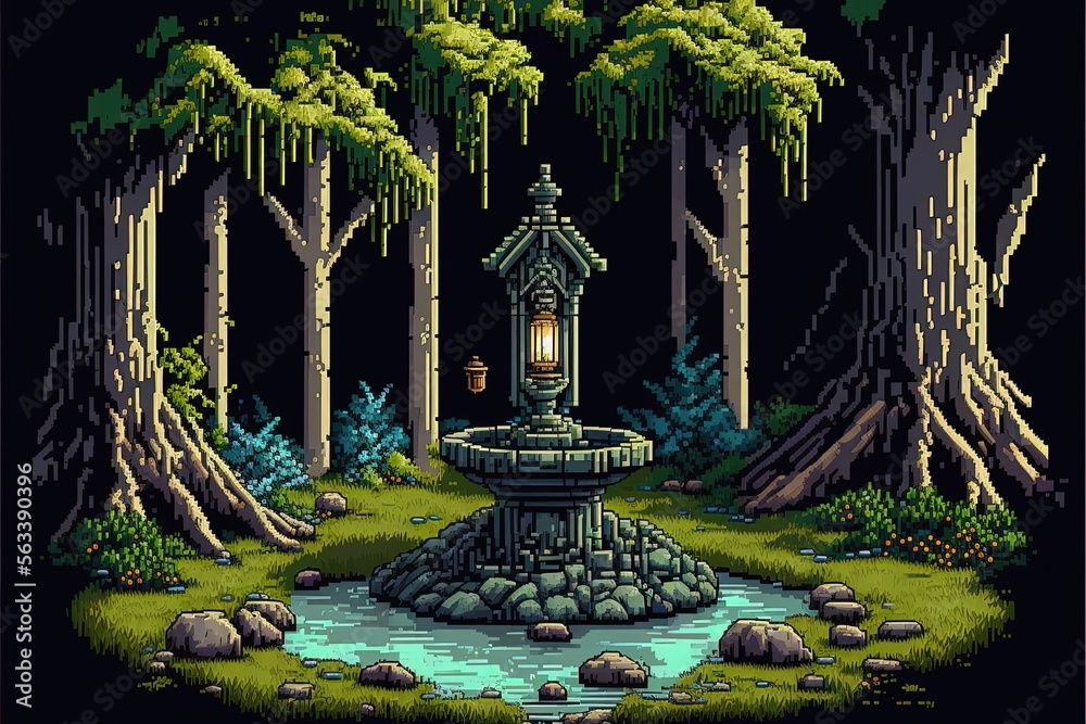 Pixel art water well in fantasy forest, wishing well, background in ...