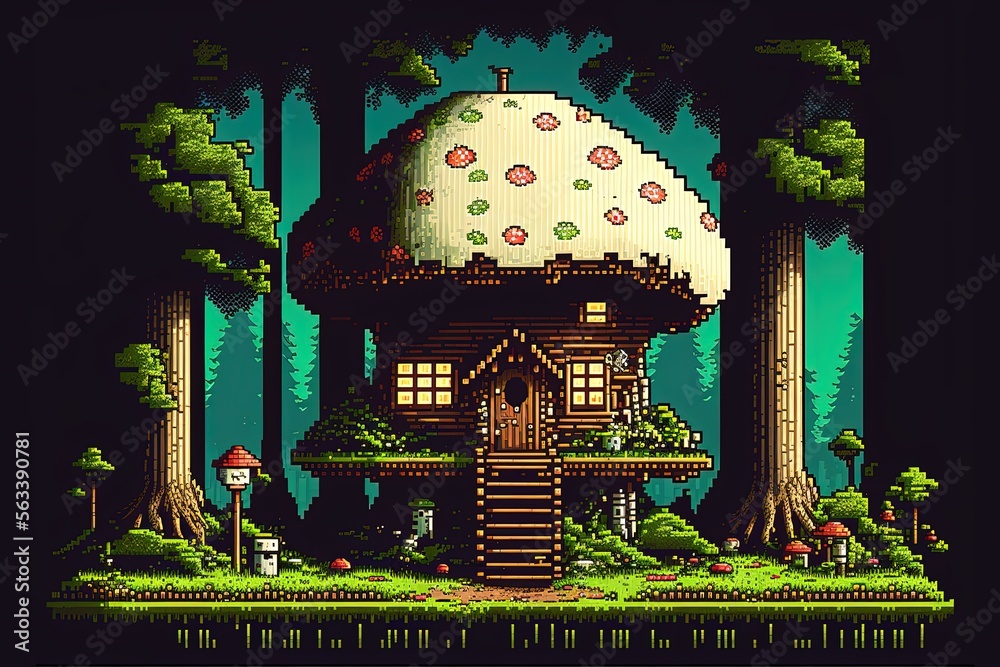 Pixel art mushroom house in fantasy world, enchanted forest with giant ...