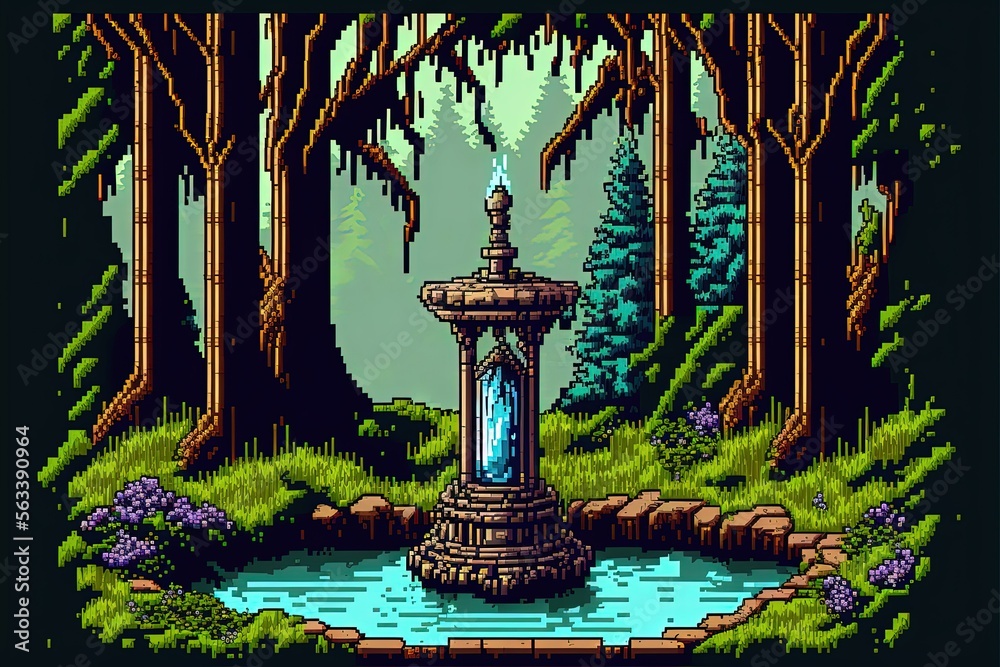Pixel art water well in fantasy forest, wishing well, background in ...