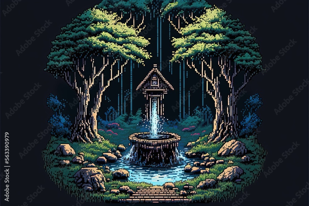 Pixel art water well in fantasy forest, wishing well, background in ...