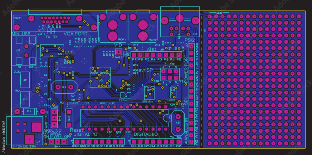 A printed circuit board of an electronic device with components of ...