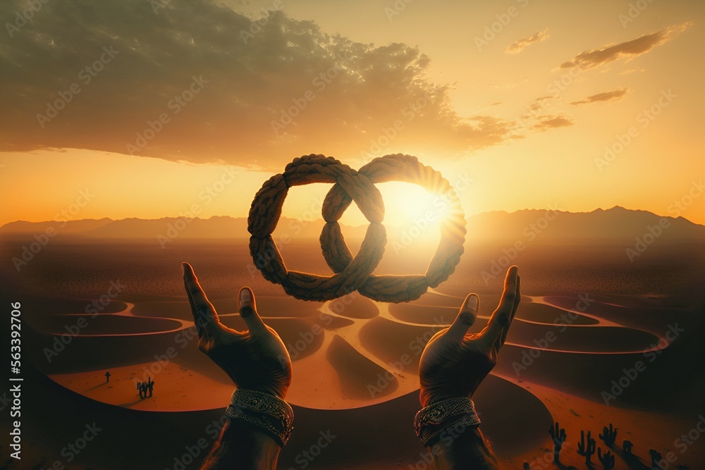 Infinity sign floats above the hands. In the distance, the ...