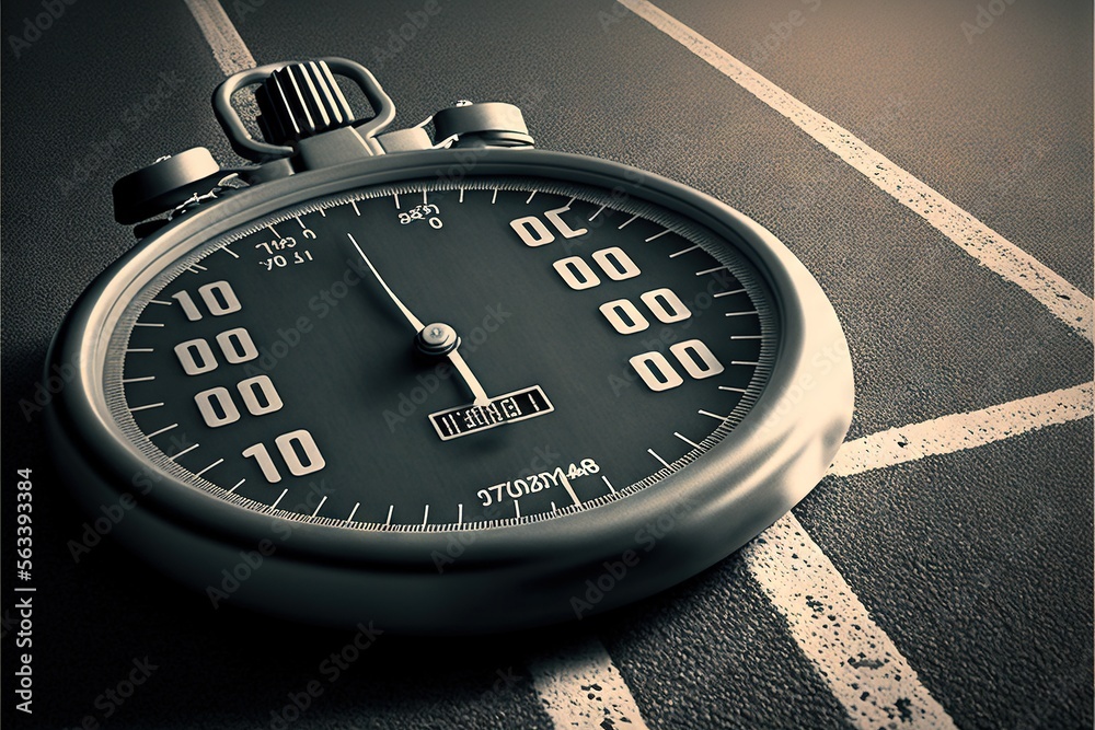 a black and white photo of a stopwatch on a road with a stripe in the ...