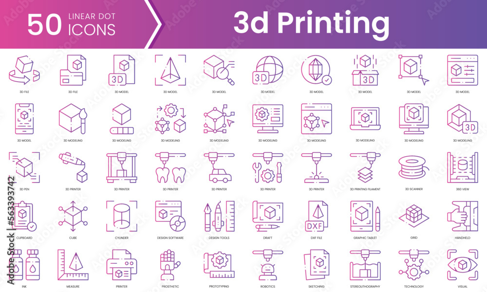Set of 3d printing icons. Gradient style icon bundle. Vector ...