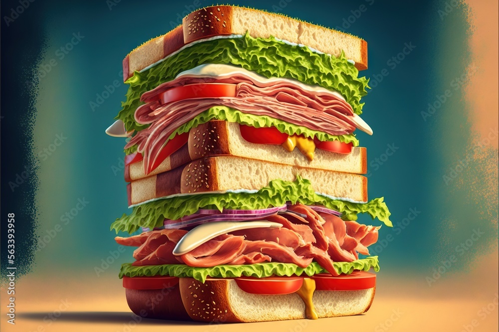 a stack of sandwiches with meat and lettuce on them, stacked high on ...