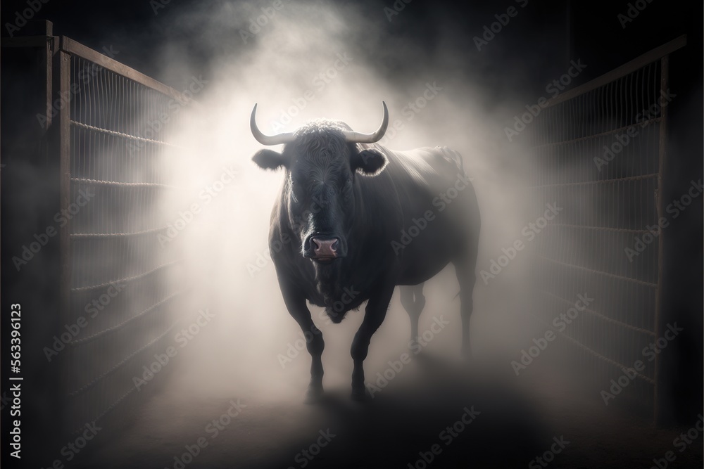 a strong bull coming out of the fog, dramatic lighting, stock market ...