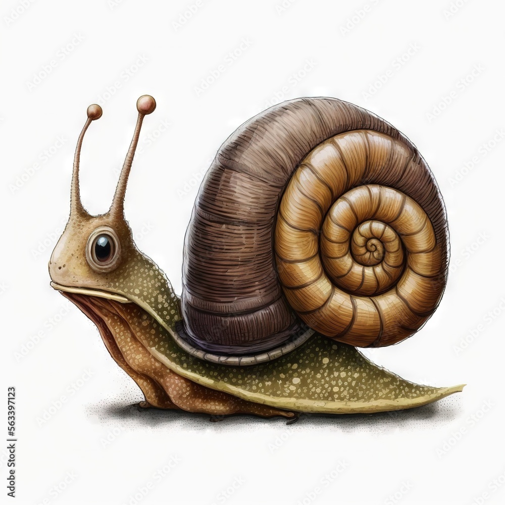 a snail with a long shell and a brown shell on its back, with a large ...