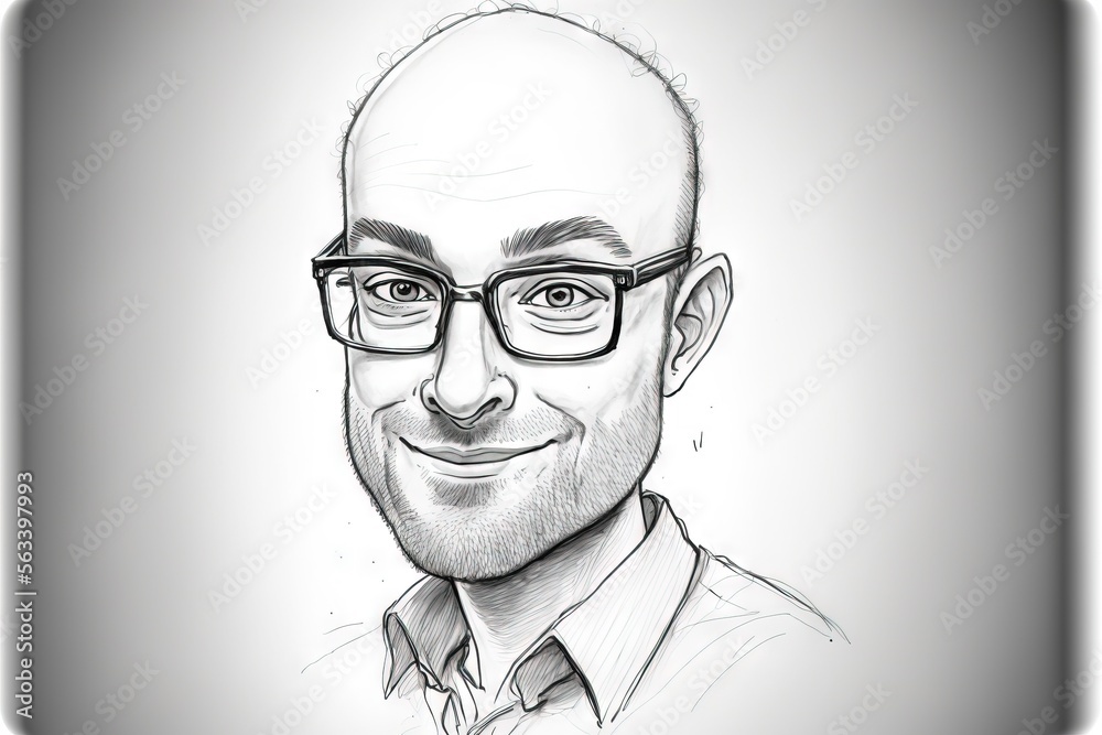 a drawing of a man with glasses and a beard smiling at the camera with ...