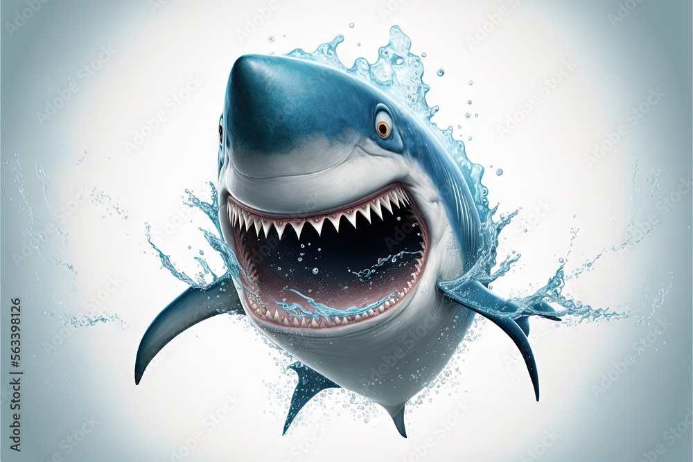 a shark with its mouth open and water splashing around it's sides and ...