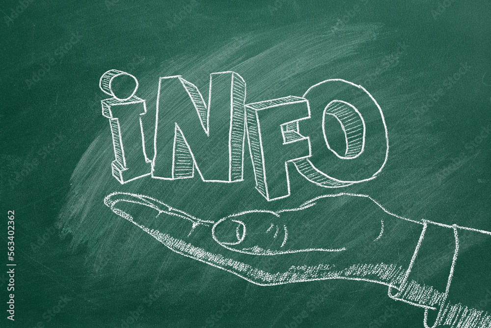 Human hand and 3D text INFO drawn in chalk on a greenboard. First-hand ...