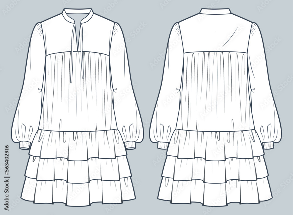 Tiered Mini Dress technical fashion illustration. Ruffled Dress fashion ...