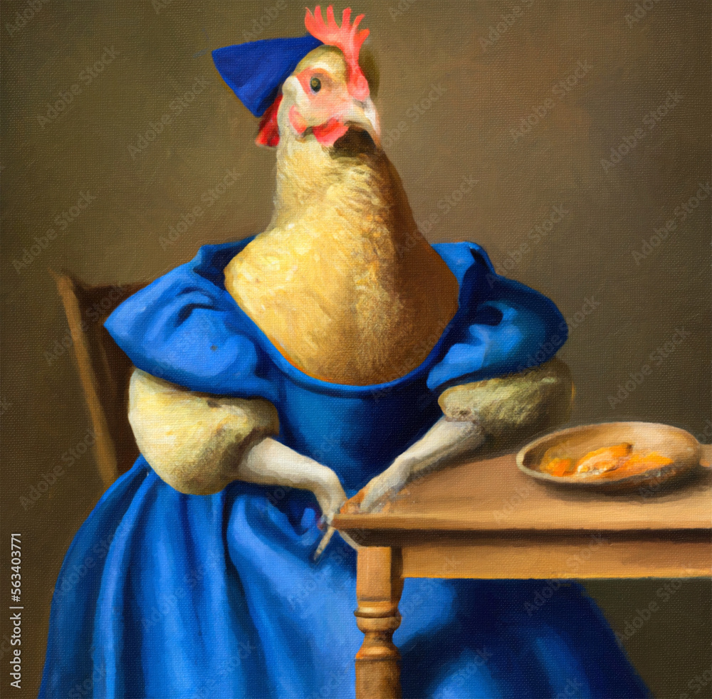 Anthropomorphic chicken in blue dress sits at a kitchen table. Oil ...