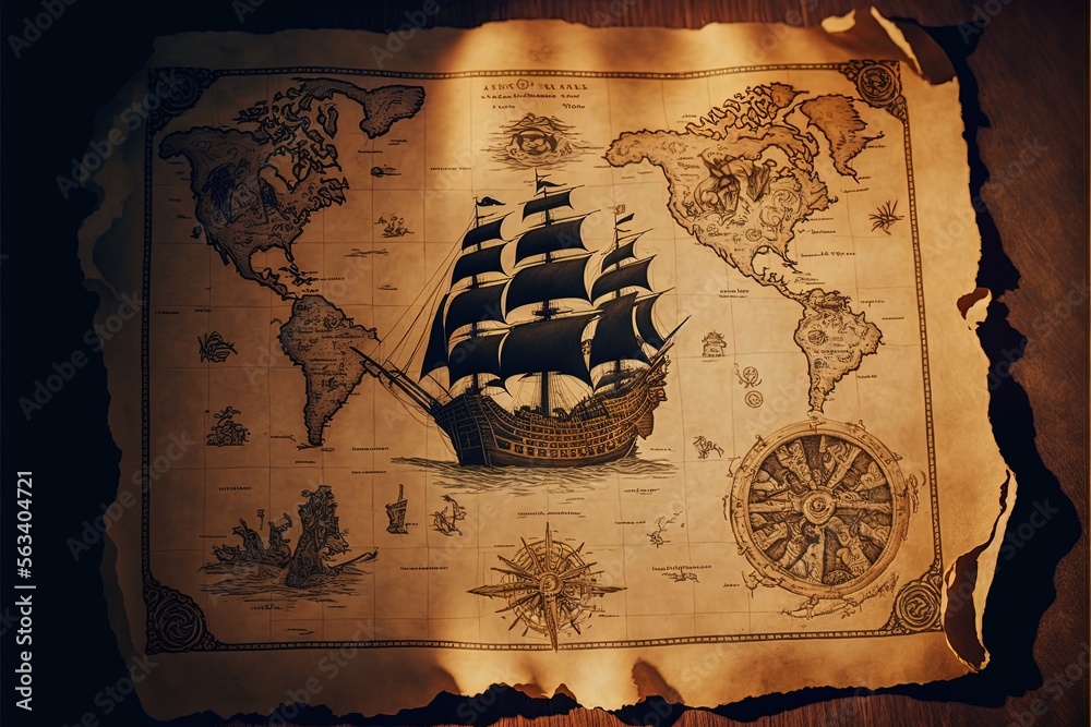 Pirate treasure map, with drawn pirate ship and sea. Generative AI ...