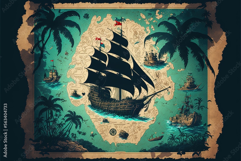 Pirate treasure map, with drawn pirate ship and sea. Generative AI ...