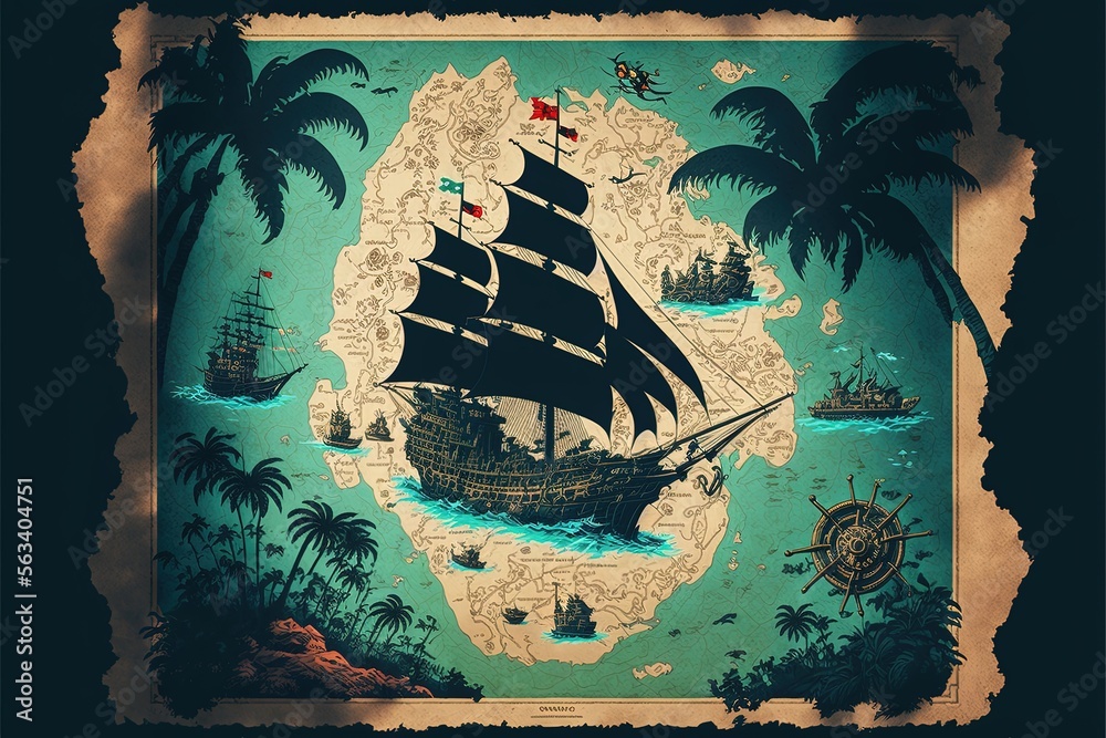 Pirate treasure map, with drawn pirate ship and sea. Generative AI ...