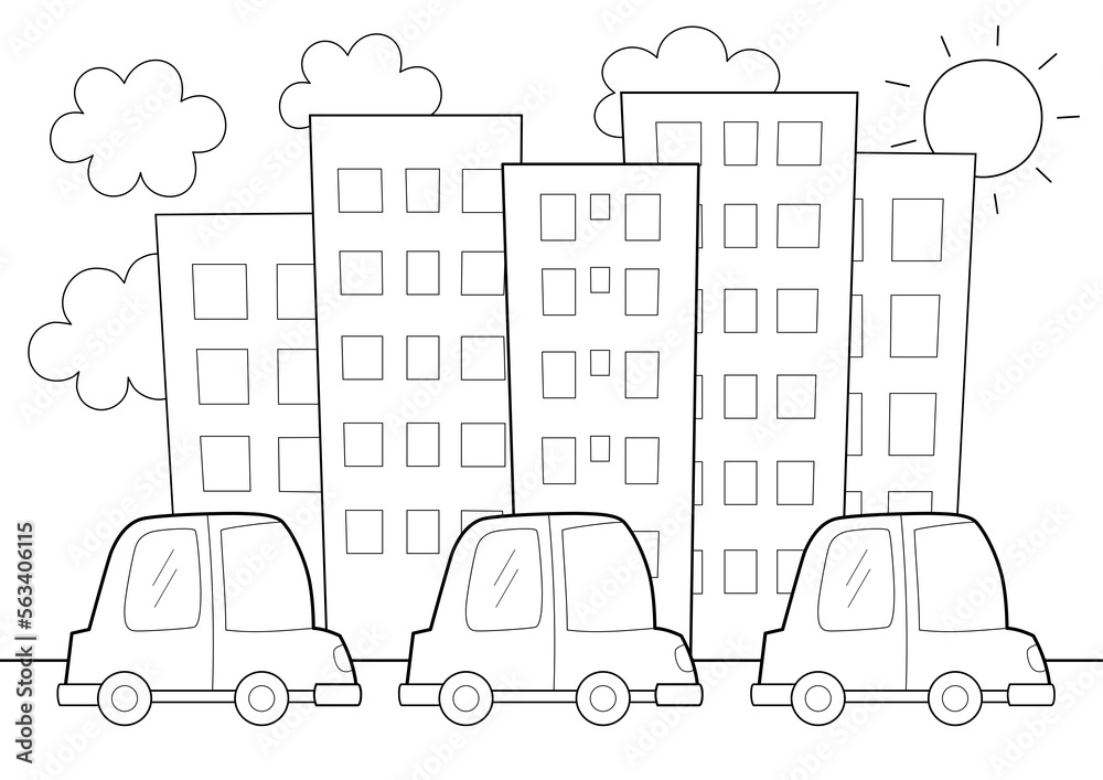 cartoon city buildings and cars. coloring page that you can print on a4 ...