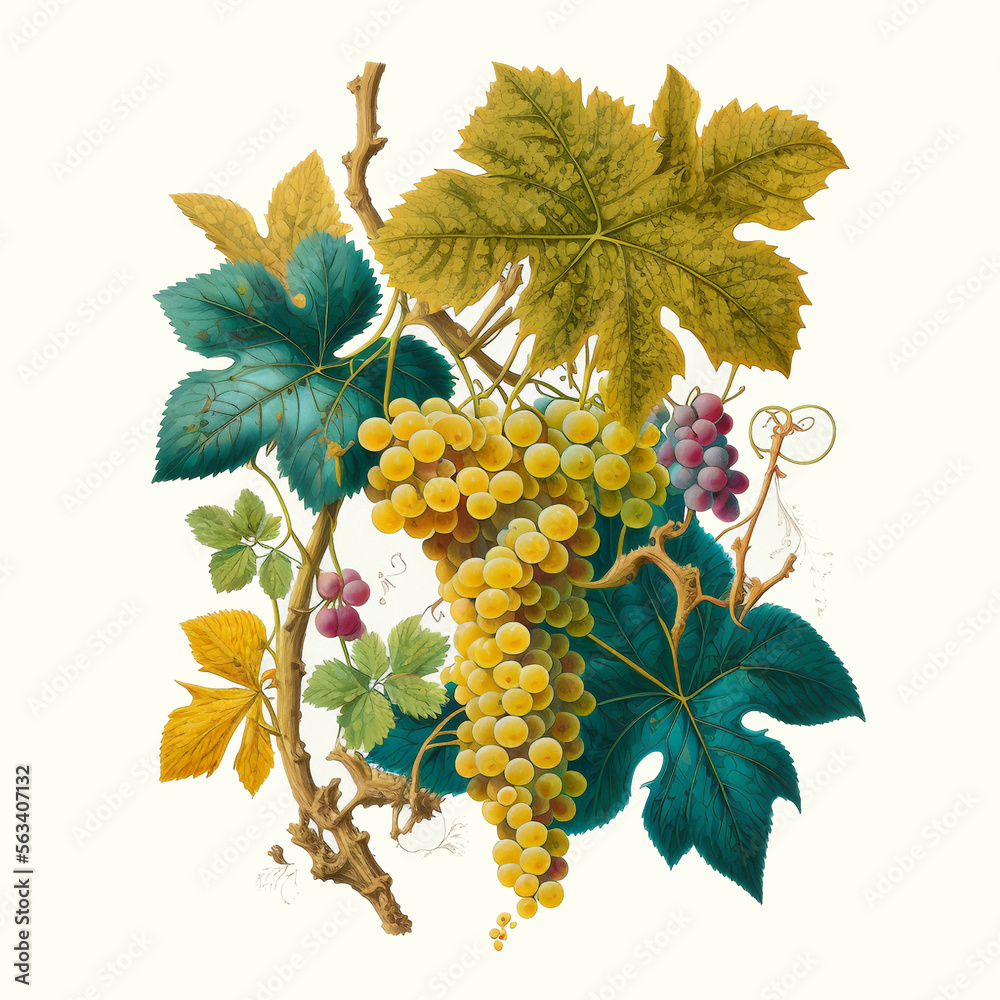 Yellow grapes on grapevine plant as in vintage botanical illustration ...