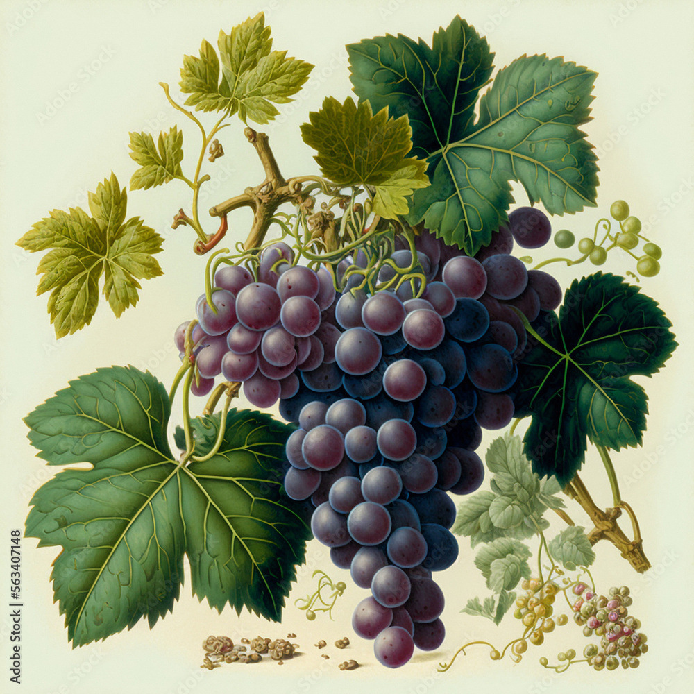 Purple blue grapes on grapevine plant as in vintage botanical ...