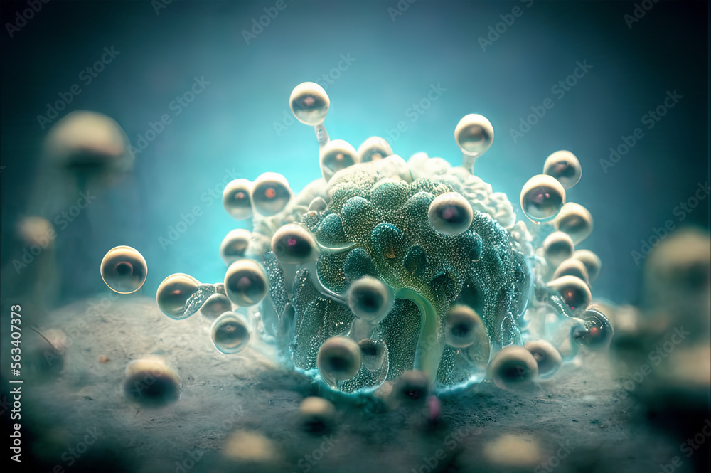 Microscopic electron macroscopic close view of cells and ovum attacked ...
