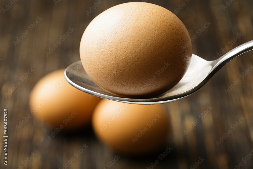 An egg resting on a spoon, the egg is raw and the spoon serves as a ...