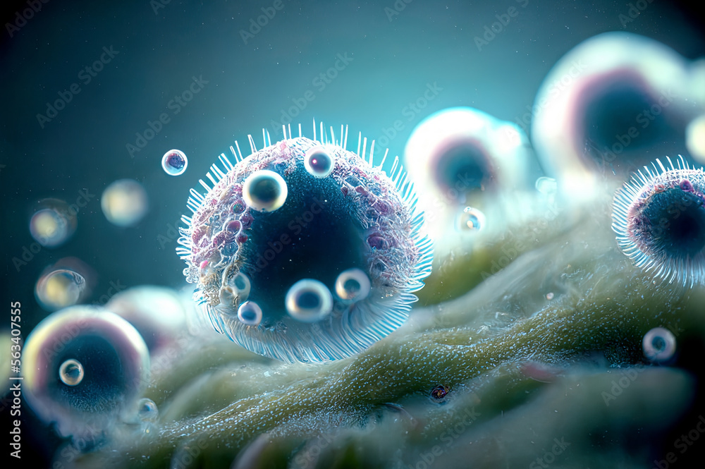 Microscopic electron macroscopic close view of cells and ovum attacked ...