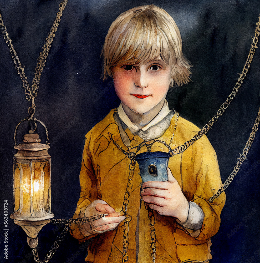 Level One Adventurer. A Blond Boy with a Lantern on His First Journey ...