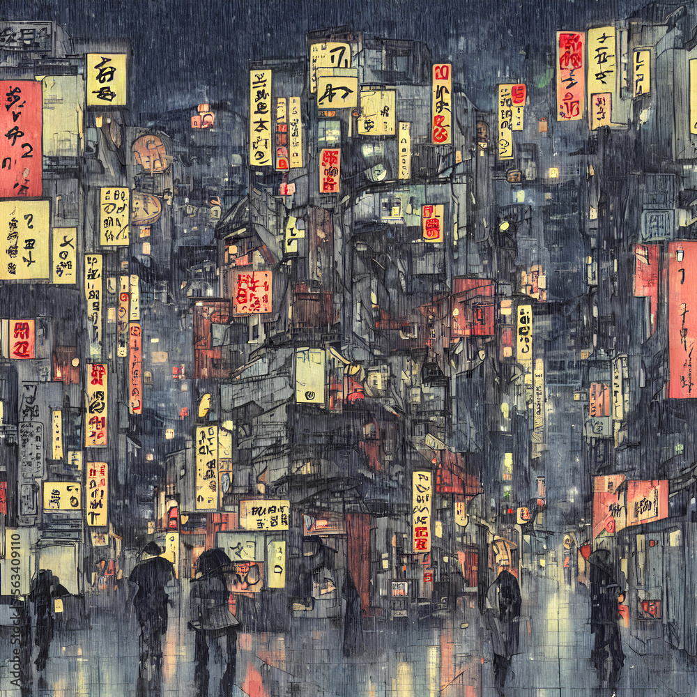 cartoon rainy night in japan Stock Illustration | Adobe Stock
