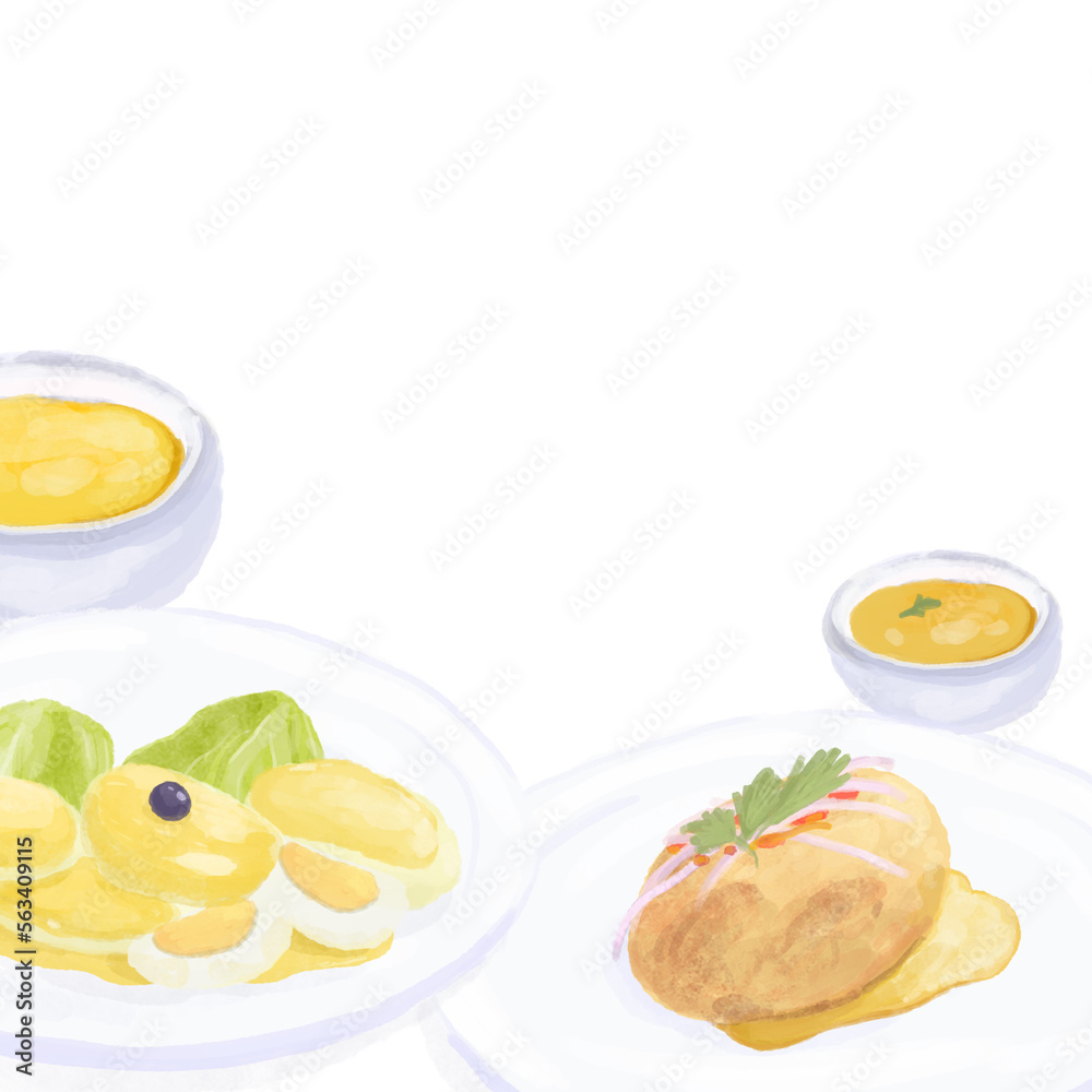 Ilustración de comida peruana típica con fondo blanco, papa rellena ...