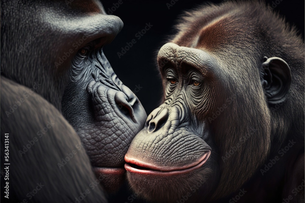 Chimpanzee kissing with gorilla, concept of love, created with ...