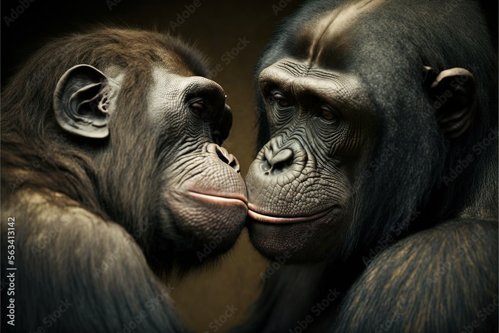 Chimpanzee kissing with gorilla, concept of love, created with ...