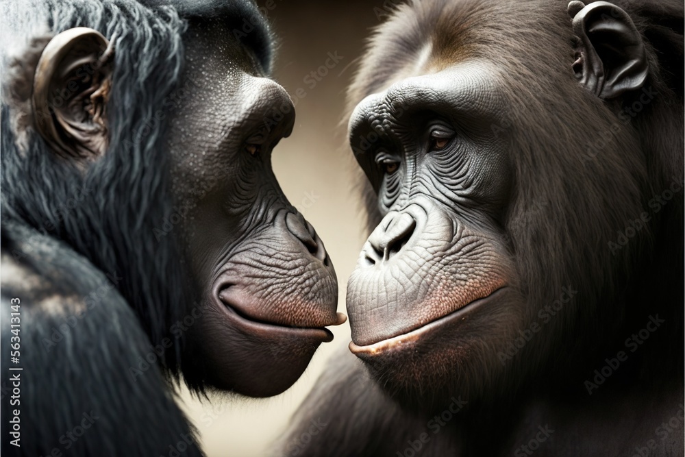 Chimpanzee kissing with gorilla, concept of love, created with ...