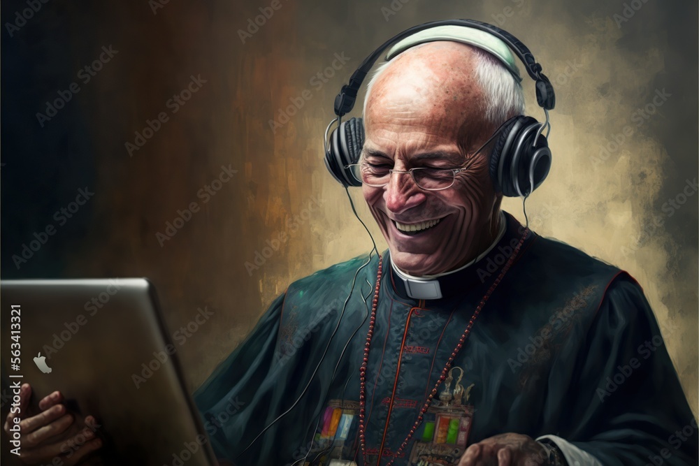 Happy priest listening to music with headphones, created with ...