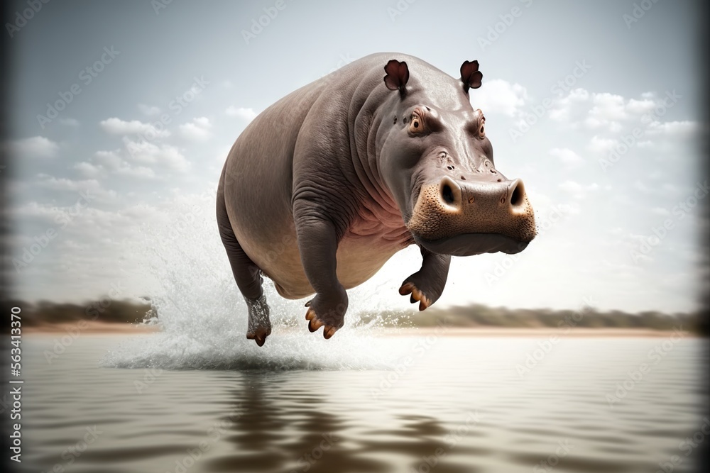 Jumping hippopotamus copy space, concept of elegance of large animals ...