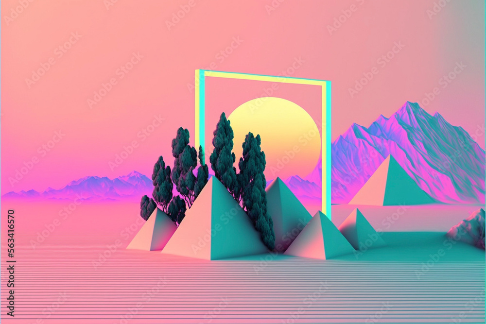 Pastel and Neon Vaporwave Background, Pyramids, Mountain, Moon ...