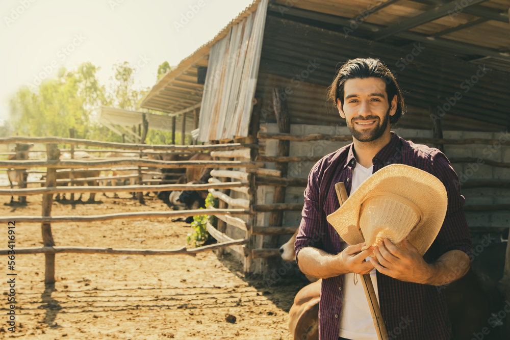 Portrait farmer male worker labor working in the cow farm standing in ...