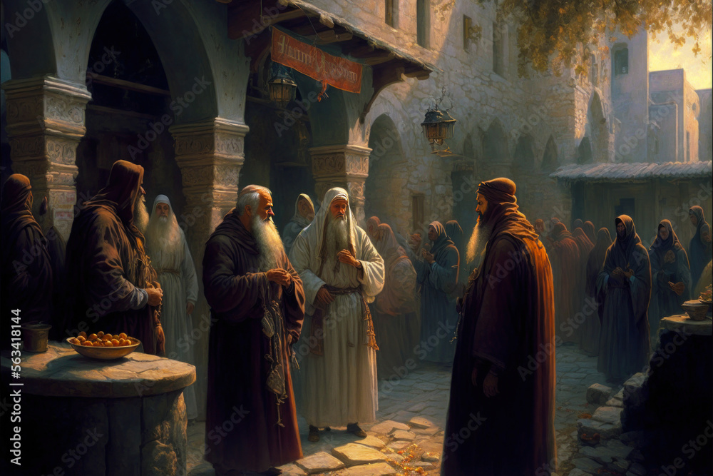 A Byzantine monastery or monastic community, with monks in traditional ...