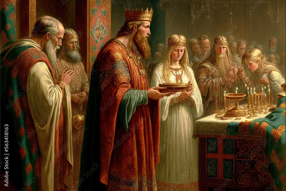 Medieval religious ceremony inside of a church. Anglo-Saxon Christian ...