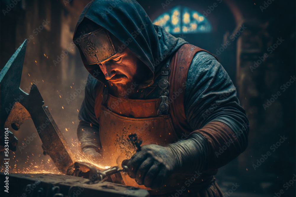 Medieval blacksmith forging weapons in a dark forge. Middle ages ...